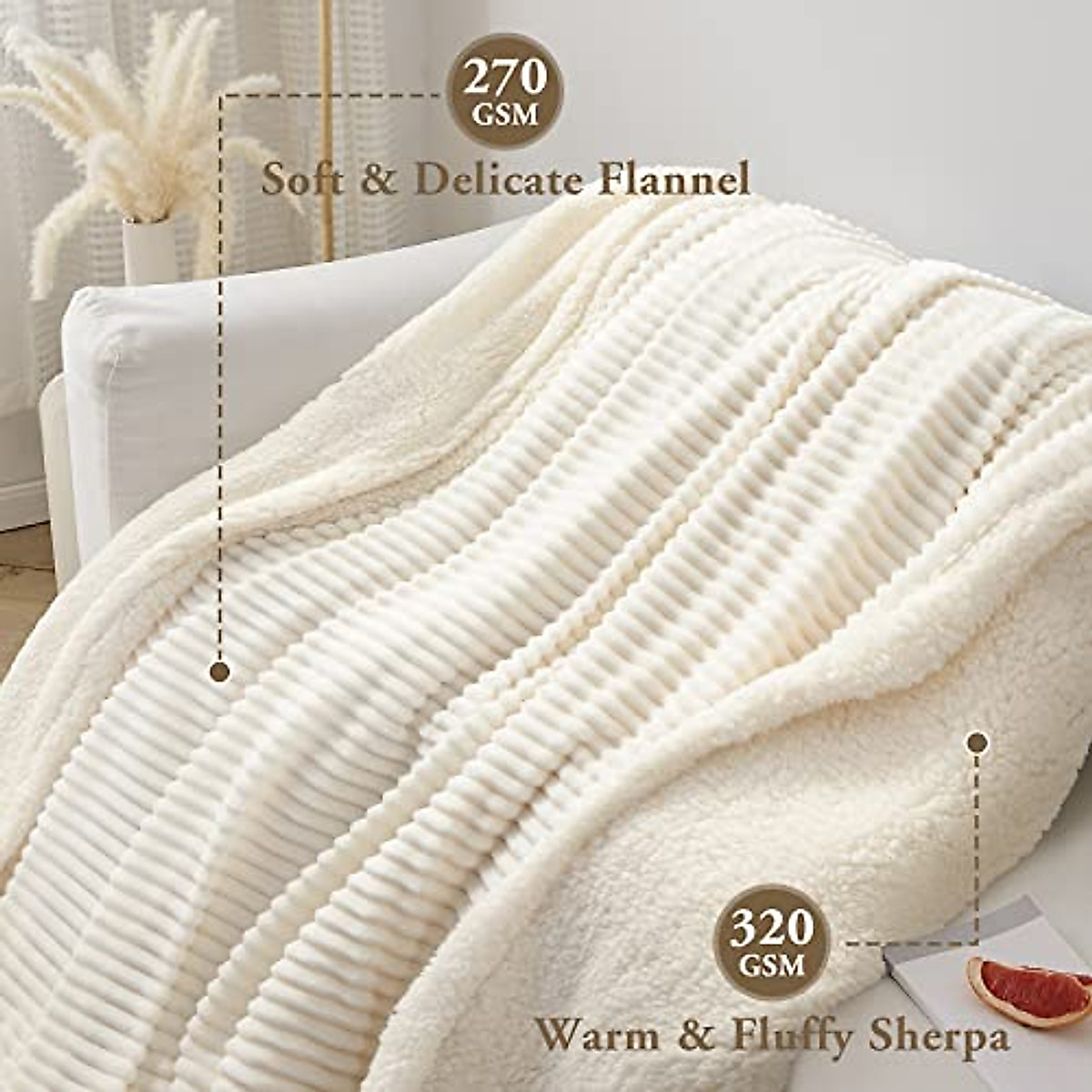 LBRO2M Striped Sherpa Fleece Bed Blanket Queen Size, Super Soft Fuzzy Plush Warm Cozy Fluffy Microfiber Couch Throw Velvet Double Reversible Luxurious Blankets (90x90),Ivory
