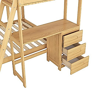 POCIYIHOME Twin Over Full Bunk Bed with Built-in Desk and Three Drawers, Wood Bunk Bed with Full-Length Guardrail & Solid Slat Support for Kids,Teens Bedroom, No Box Spring Needed, Natural
