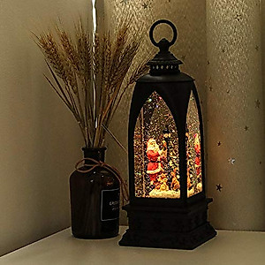 Eldnacele 12” Christmas Snow Globe Lantern Snowman with Music & Timer, USB Lined/Battery Operated Lighted Water Glittering Lantern for Christmas Festival Decoration Gifts – Santa