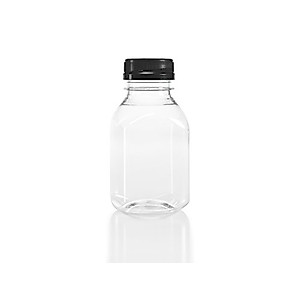 (6) 8 oz. Clear Food Grade Square Plastic Juice Bottles with Black Tamper Evident Caps 6/pack