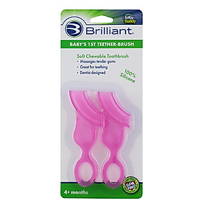 Brilliant Oral Care Baby’s First Toothbrush, Smooth Silicone Bristles Gently Clean Tender Teeth and Gums, for Ages 4+ Months, Pink, 2 Count