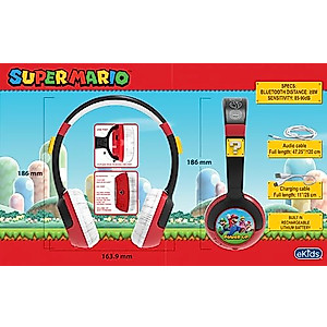 eKids Super Mario Kids Bluetooth Headphones, Wireless Headphones with Microphone Includes Aux Cord, Volume Reduced Kids Foldable Headphones for School, Home, or Travel