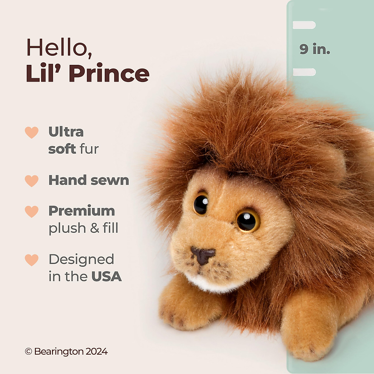 Bearington Lil' Prince Small Plush Stuffed Animal Lion, 9 inches
