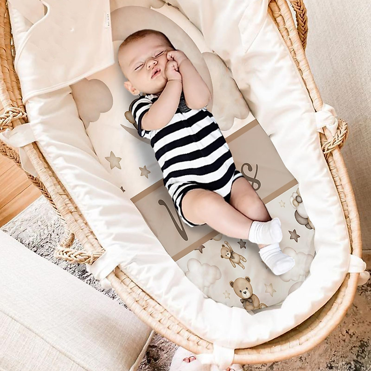 Personalized Bassinet Sheet Set 2 Pack for Baby, Custom Bassinet Mattress Sheets with Name, Universal Fitted for Various Cradle Mattress Pad, Blue & Brown Bear Bassinet Sheets for Boys (16" x 32")