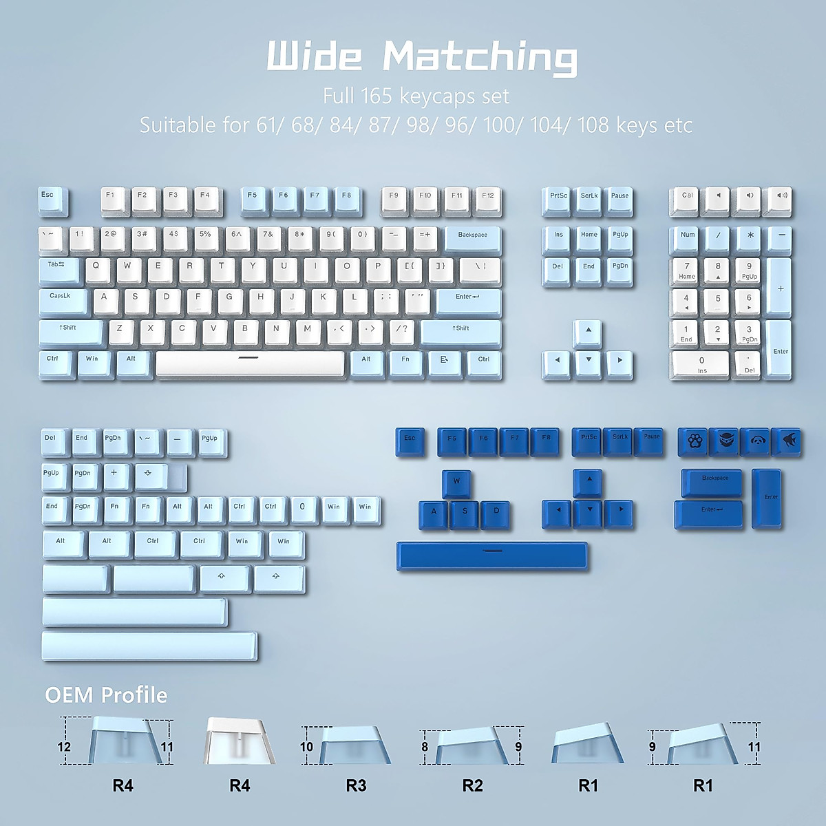 Womier Pudding Keycaps - PBT Keycaps, Shine Through Keycaps, 165 Keys Keycaps Set, Custom Keycaps for 61/68/84/87/82/100 Cherry Gateron MX Switches Mechanical Keyboard, Blue/White
