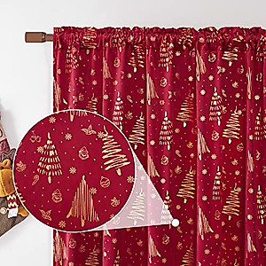 Topfinel Red Foil Print Velvet Curtains for Living Room and Bedroom - Thermal Insulated Blackout Curtains, Noise Reducing Window Drapes,Christmas and Party Decorations 52 x 108 Inches Long, 2 Panels