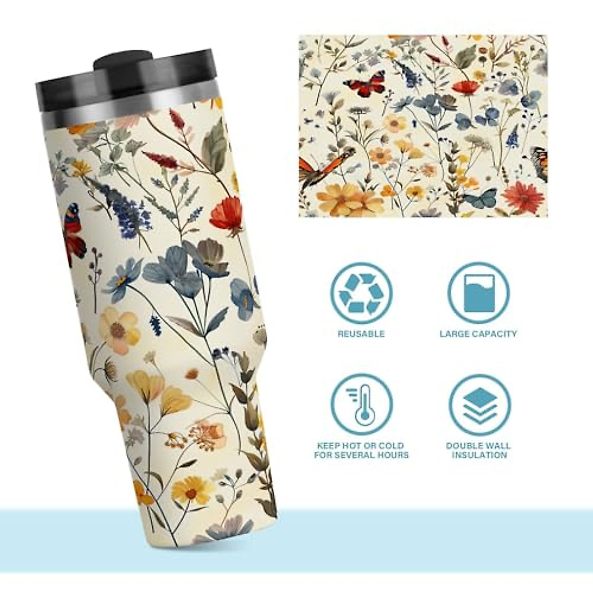 FRCSDIY Beautiful Flowers Insulated Tumbler with Handle and Straw Lid,30oz Leakproof Stainless Steel Cup BPA-Free Water Bottle