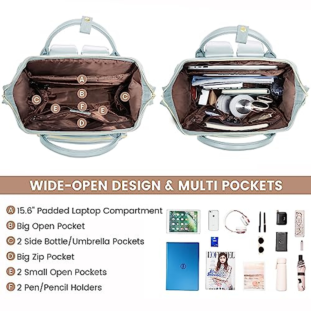 LOVEVOOK Leather Laptop Backpack for Women 15.6 inch,Travel Backpack Purse Nurse Teacher Backpack Computer Laptop Bag,Professional College Business Work Bags Carry On Backpack with USB Port,Pink Blue