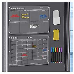 Acrylic Calendar for Fridge,16"×12" Acrylic Fridge Dry Erase Board, Clear Calendar for Fridge, Monthly Magnetic Calendars Board and Weekly Dry Erase Board, 6 Markers,1 Pen Holder and 1 Eraser (Clear)