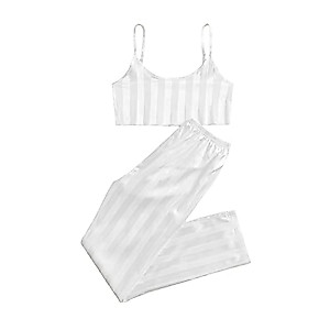 WDIRARA Women's Satin Striped Cami Top and Pants Soft Sleeveless Pajama Lounge Set White L