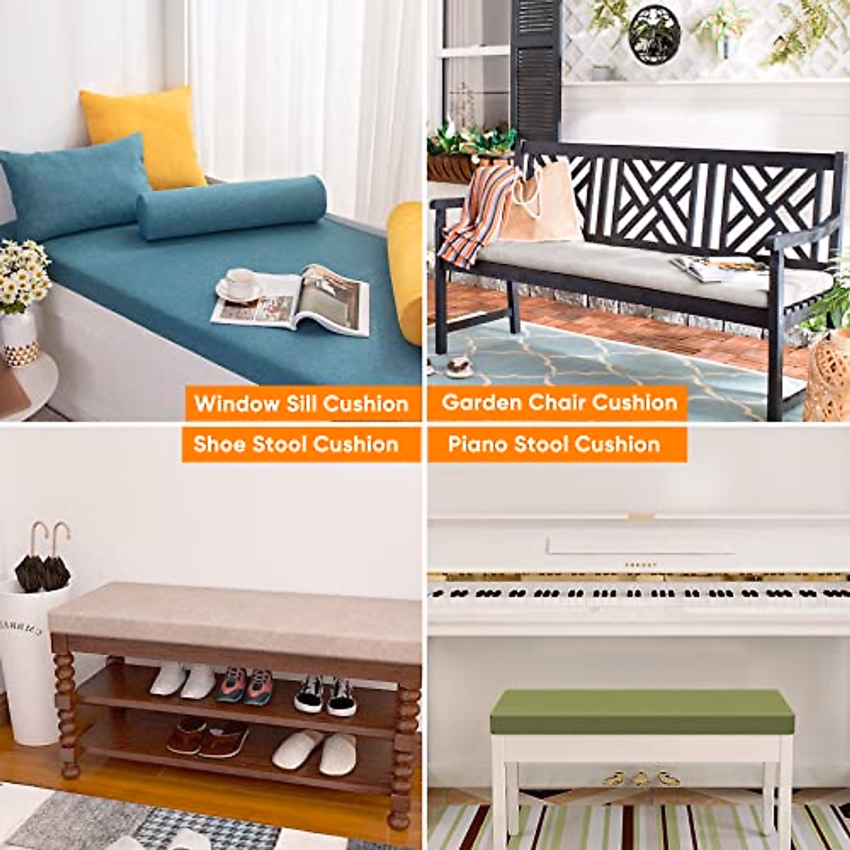 Millsilo Custom Bench Cushion for Indoor Furniture, Soft Window Seat Cushions, Custom Size Outdoor Cushion for Bench, Non-Slip Bench Pad for Shoe Rack, Piano, Storage, Dining, 70D High Density Sponge