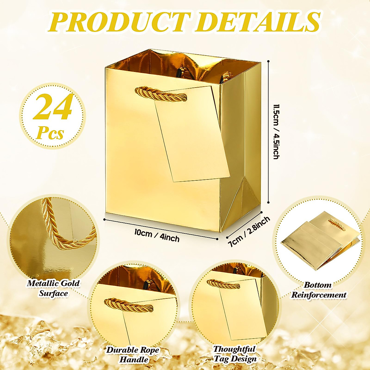 Tatuo 24 Pcs Green Metallic Paper Gift Bag with Tissue Paper Medium Mini Glossy Favor Bag with Handle for St Patrick's Day Graduation Wedding Bridal Bachelor Birthday Party(Gold, 4.5 x 4 x 2.8 Inch)