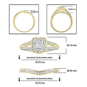 Cali Trove Diamond Illusion Set & Twisted Halo Wedding Ring Set for Women with Diamond Curved Half Eternity Band (Yellow Gold Plated Silver) | 1/5cttw Real White Diamond Ring for her | Gift for her