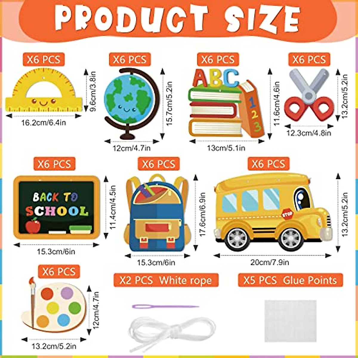 48 Pieces Back to School Cutouts Classroom Hanging Decorations Back to School Party Ornaments Bulletin Board Decor with Ropes and Glue Points for Kindergarten Preschool Primary High School