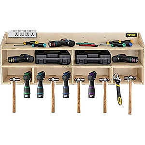 VEVOR Power Tool Organizer, Wall Mount Drill Holder, 10 Drill Hanging Slots Drill Charging Station, 2 Shelf Cordless Drill Storage, Polished Plywood Toolbox for Saw, Impact Wrench, Screwdriver Drill