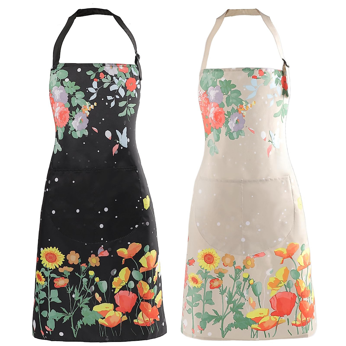 IHFAIO Apron for Women with Pockets, 2 Pcs Waterproof Floral Apron with Adjustable Neck Strap for Cooking, Baking, Gardening, Crafts