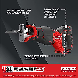 CRAFTSMAN V20 RP Cordless Reciprocating Saw, 3,200 RPM, 8 inch, Bare Tool Only (CMCS351B)