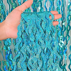 4 Pack Teal Aqua Blue Wavy Foil Fringe Curtains Party Decorations - 3.3 ft x 6.6 ft Sparkle Streamer Tinsel Curtain Party Photo Backdrops for Birthday Party Christmas Graduation Decoration
