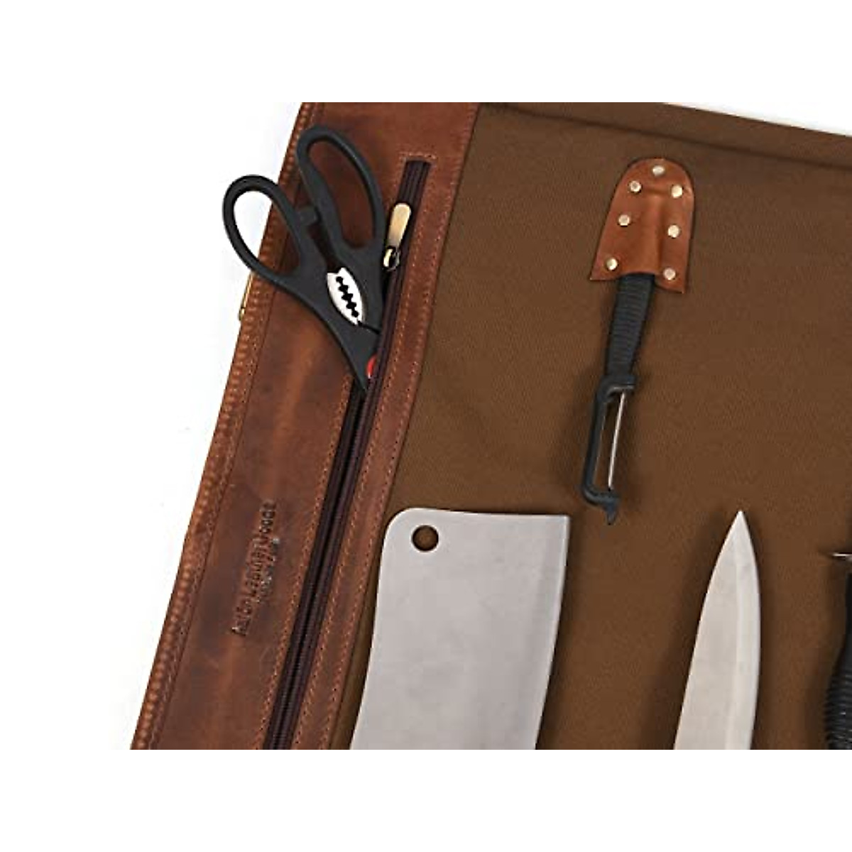 Leather Canvas Knife Roll Storage Bag Expandable 10 Pockets Detachable Shoulder Strap Travel-Friendly Chef Knife Case Roll By Aaron Leather Goods (Cleveland, Canvas Leather)