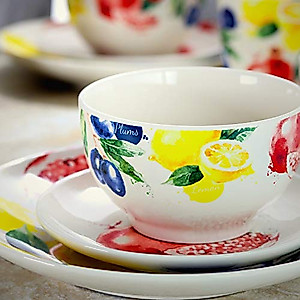 Elama Round Stoneware Fruity Dinnerware Dish Set, 16 Piece, White with Multicolored Fruit