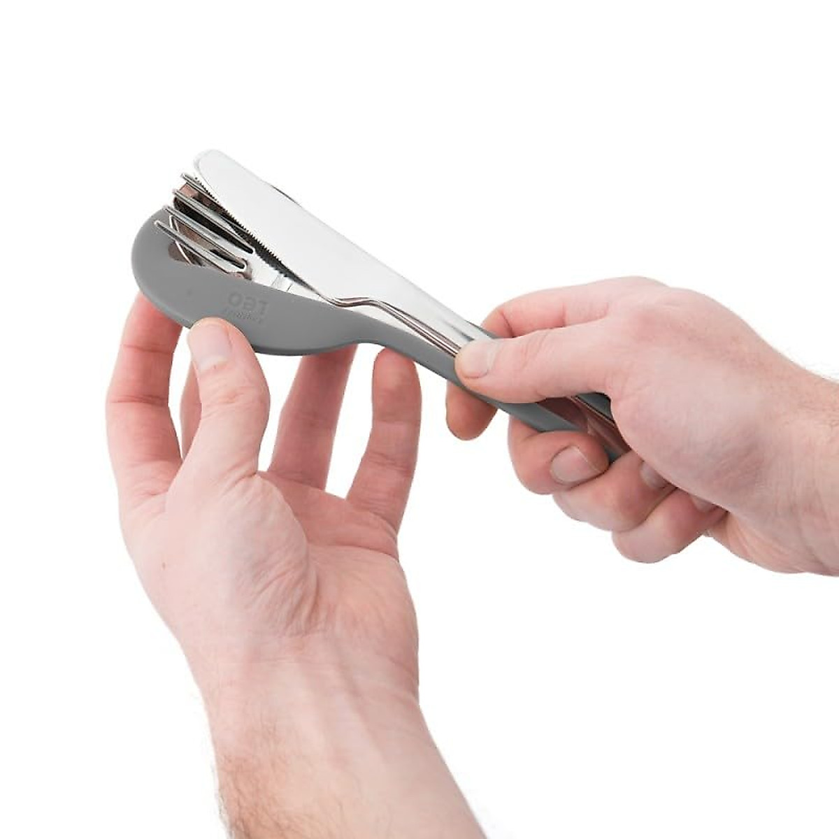 BergHOFF Leo 18/10 Stainless Steel 4Pc Reusable Travel Flatware Set Knife Spoon Fork Sleeve with Silicone Sleeve Dishwasher safe, Grey