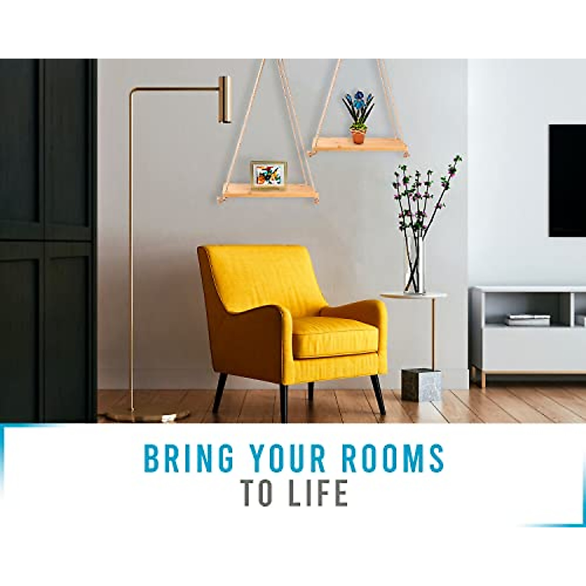 Comfify Modern Set of 2 Wooden Floating Shelves with String – Farmhouse Boho Wall Decor for Living Room Wall – Natural Wood Decorative Shelves with Rope – 17”x5.2” - Natural Color