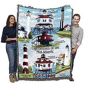 Lighthouses of the Mid-Atlantic Blanket - Old Point Drum Pt Seven Foot Cape Henry Assateague Thomas Point Cove Point - Coastal Ocean Gift Tapestry Throw Woven from Cotton - Made in the USA (72x54)