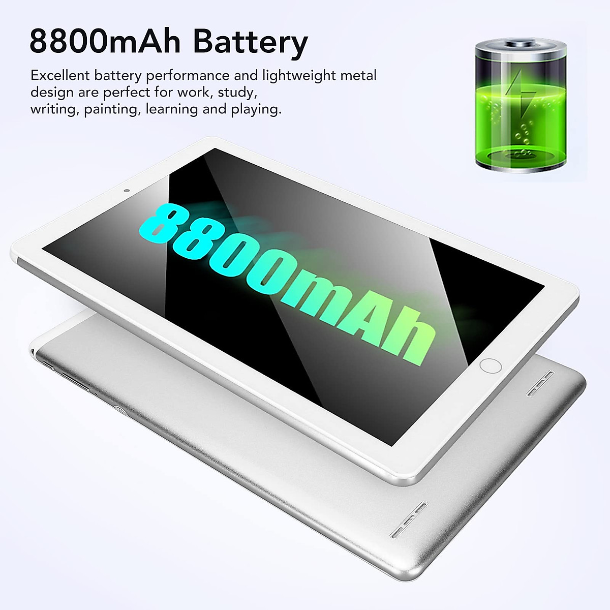 Tablet 10.1Inch, Android Tablet with Dual Camera, 5G WiFi Tablet 13MP Camera 8800mAh Tablet Octa Core 2.5Ghz CPU, 6GB RAM 128GB ROM Tablet for Home Office, Silver (US Plug)