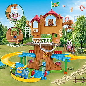 deAO Tree House Playset, Train Set Car Track Toys for Toddlers, DIY Forest Friends Pretend Playhouse with 2 Dolls Toy Figures,Train,Car Tracks,Swing,Sound & Light Function Toy House for 3+ Boys Girl