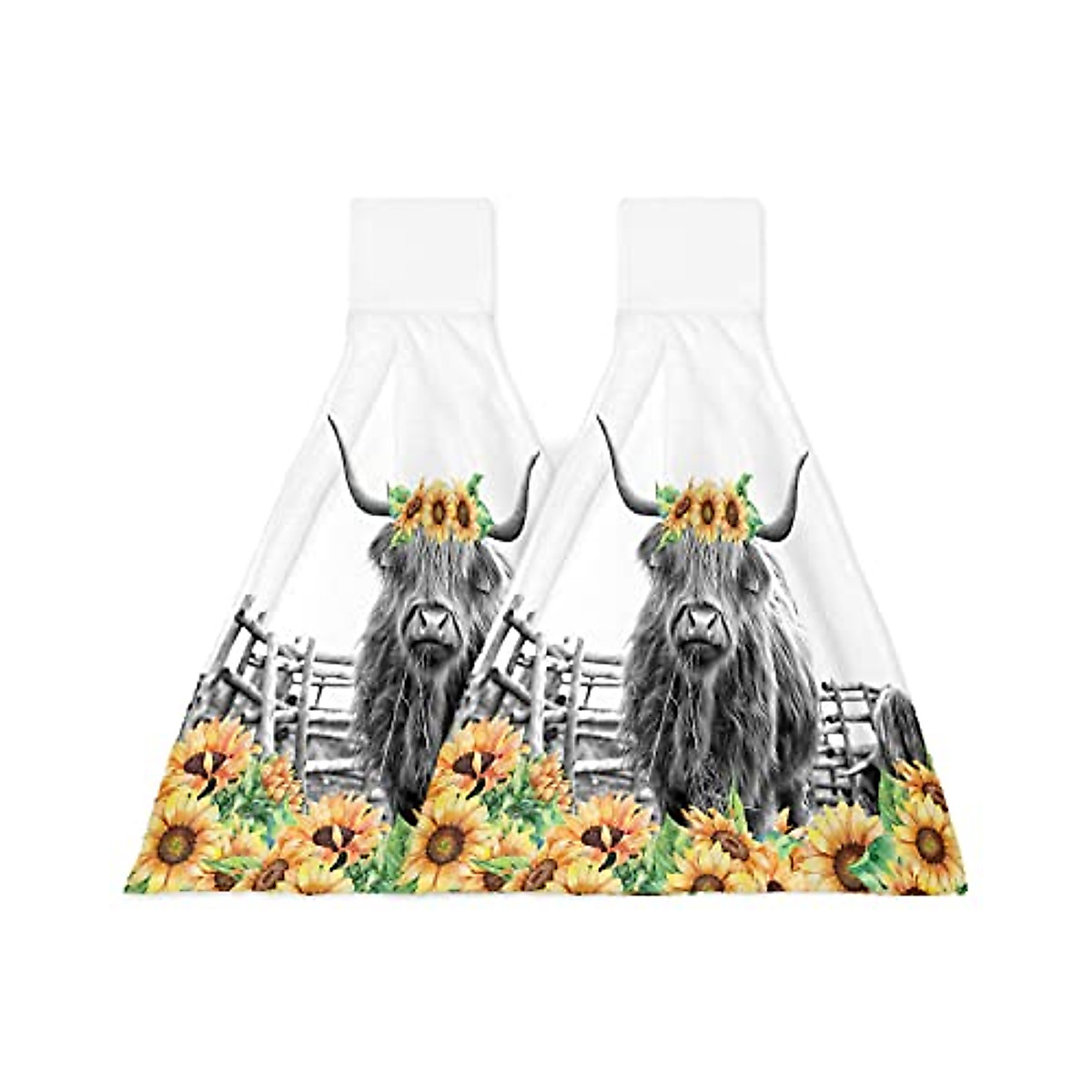 2PCS Hand Tie Towels for Bathroom Kitchen-Farm Highland Cow Sunflowers Decor Hanging Towel Tea Bar Dish Cloth Soft Coral Fleece Absorbent Washcloth,Black White Animals