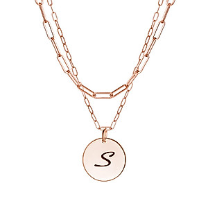 Dainty Two Layered Necklaces for Women Paperclip Chain Necklace Simple Name Letter Pendant Initial Choker Necklace (Sterling Silver-rose gold color)
