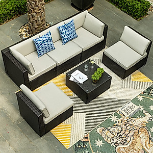 YITAHOME 6 Pieces Patio Furniture Set, Outdoor Sectional Sofa PE Wicker Conversation Set Outside Couch with Table for Porch Lawn Garden Backyard, Black