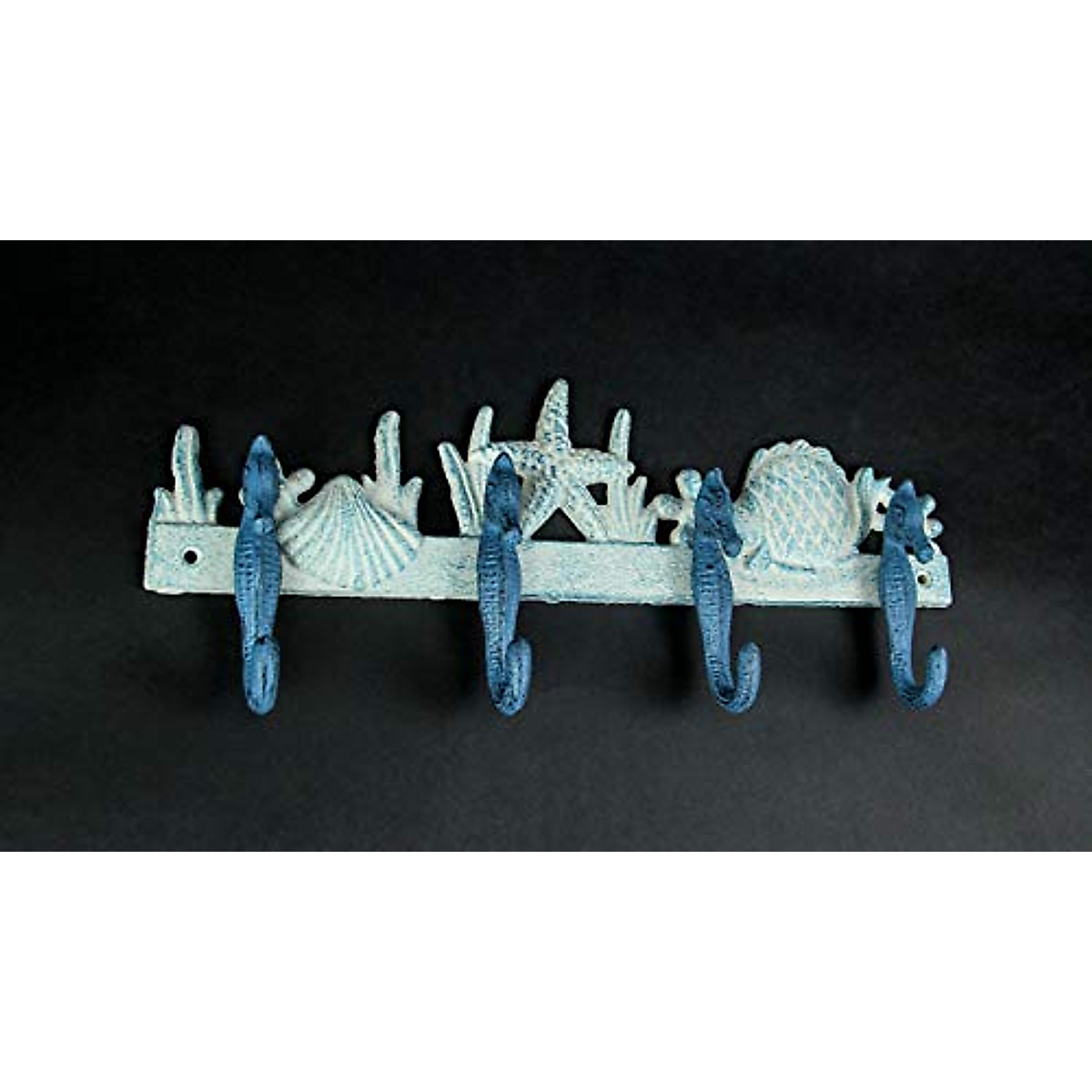 Blue and White Cast Iron Seahorses Decorative Wall Hook Nautical Sea Life Hanging Towel or Coat Rack Beach Home Coastal Accent Decor