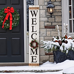 Glitzhome Wooden Welcome Sign for Porch Front Door Outdoor Rustic Farmhouse Vertical Hanging Wall Decor with Changable Wreathes, 60"H, White