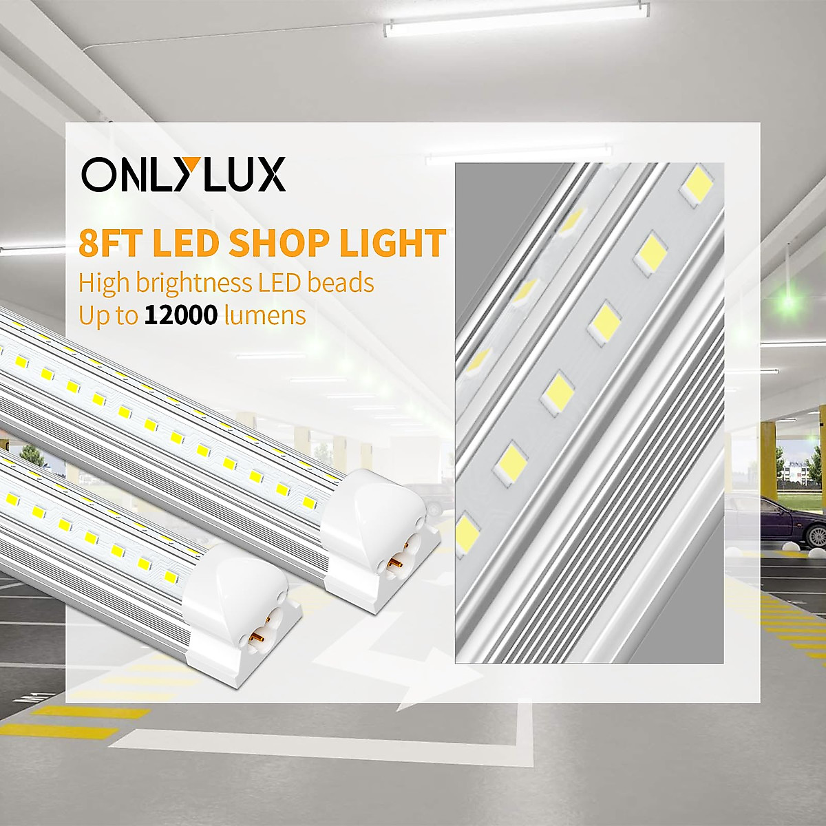 ONLYLUX 8ft LED Shop Light - 90W 12000lm 5000K, 8 Foot Led Shop Light Fixture, V Shape Bulbs for Garage, 8 ft Led Lights, Plug and Play (10 Pack)