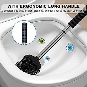Fowooyeen Silicone Toilet Brush and Holder Set, Automatic Toilet Bowl Brushes with Ventilation Slots Base for Bathroom, Compact Size Cleaning Supplies Toilet Cleaner Brush Black