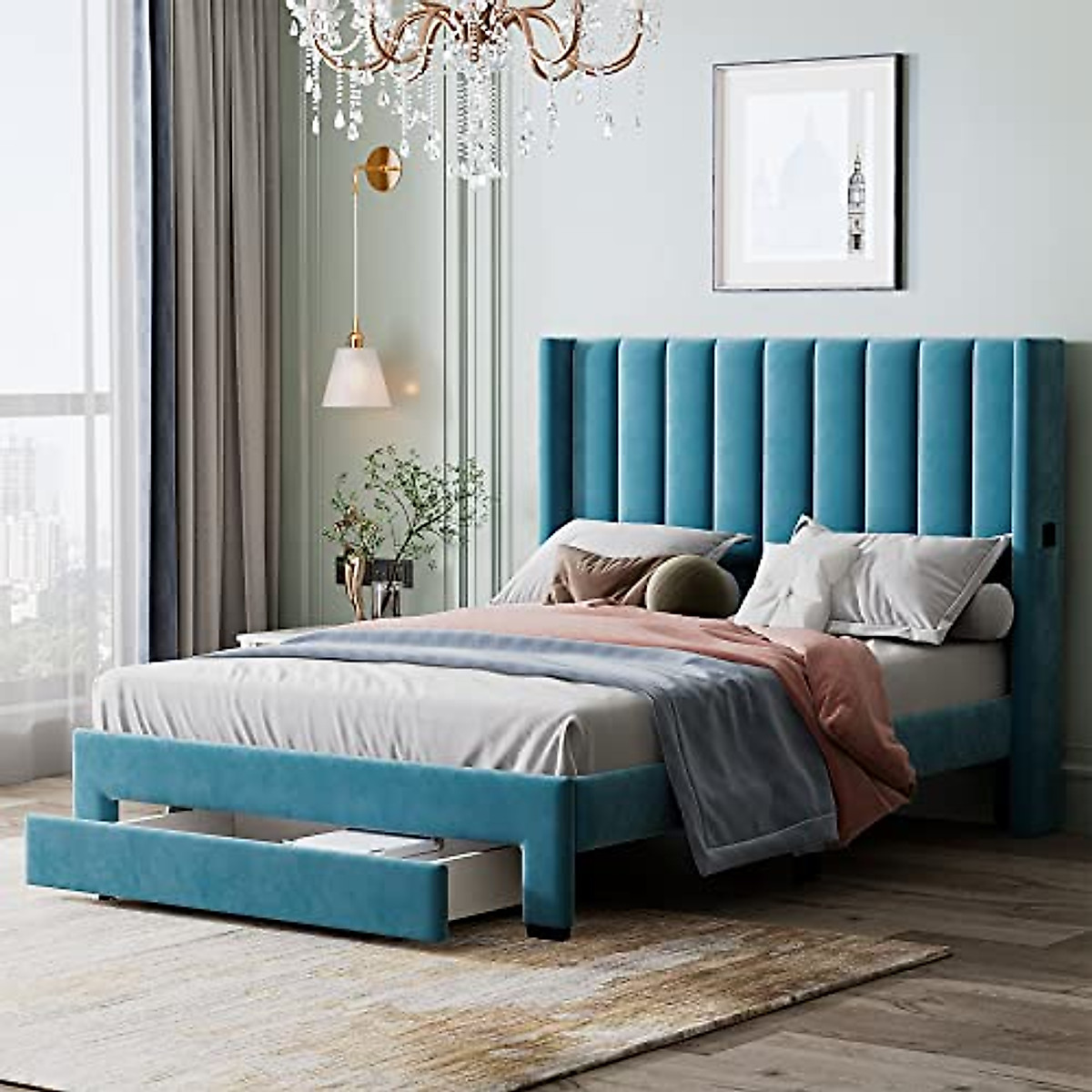 SOFTSEA Full Size Upholstered Bed Frame with Large Drawer Velvet Platform Bed Frame with High Headboard for Bedroom