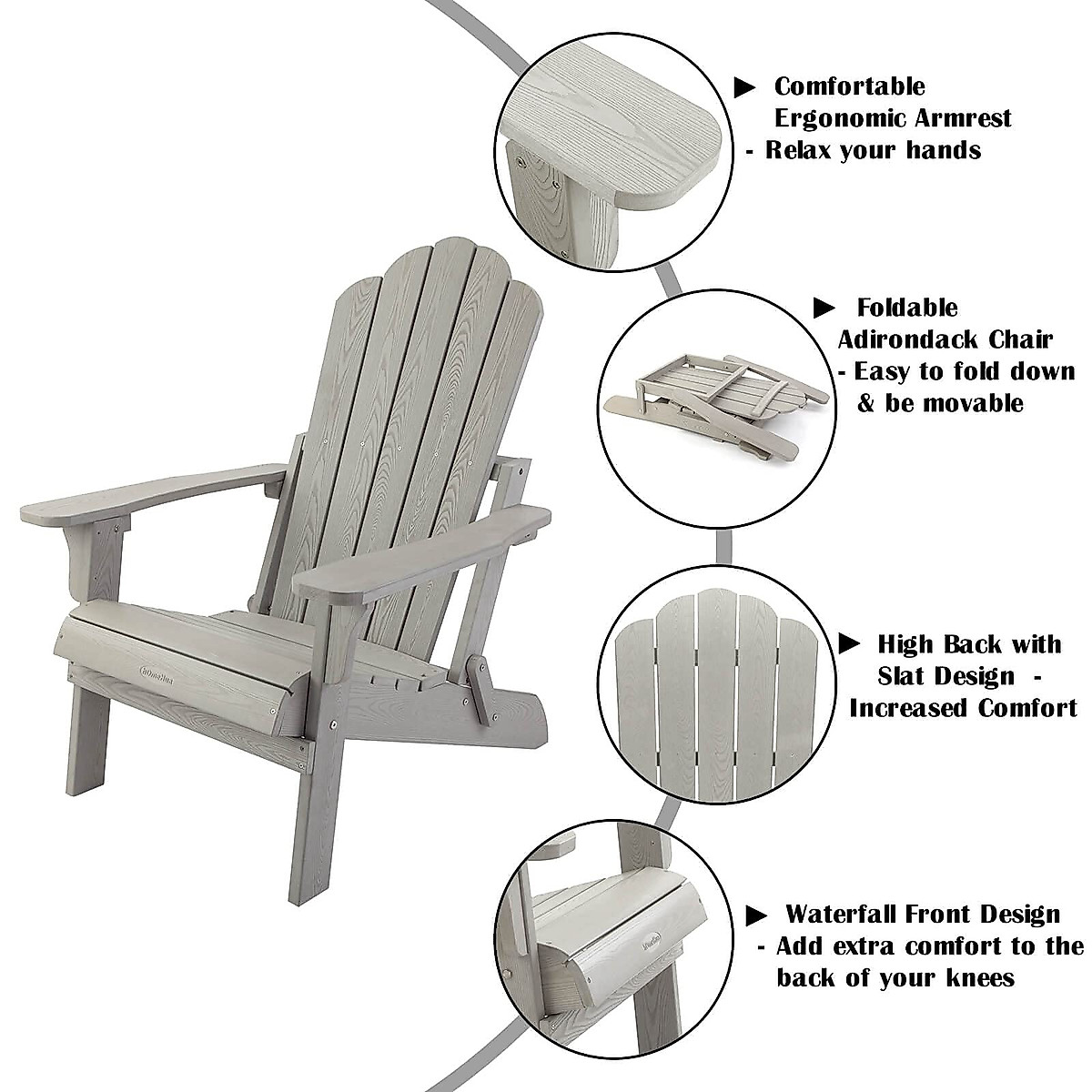 hOmeHua Folding Adirondack Chair Weather Resistant, Hard Plastic Imitation Wood Stripes Adirondack Chair, Easy to Fold Move & Maintain, Outdoor Chair for Patio, Backyard Deck, Fire Pit - Gray