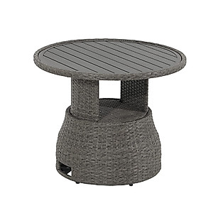 SUNSITT Outdoor Patio Lift Coffee Table, Round Patio Side Table with Aluminum Tabletop, 33in Wicker Furniture Multi-Function Storage Dining Table, Grey