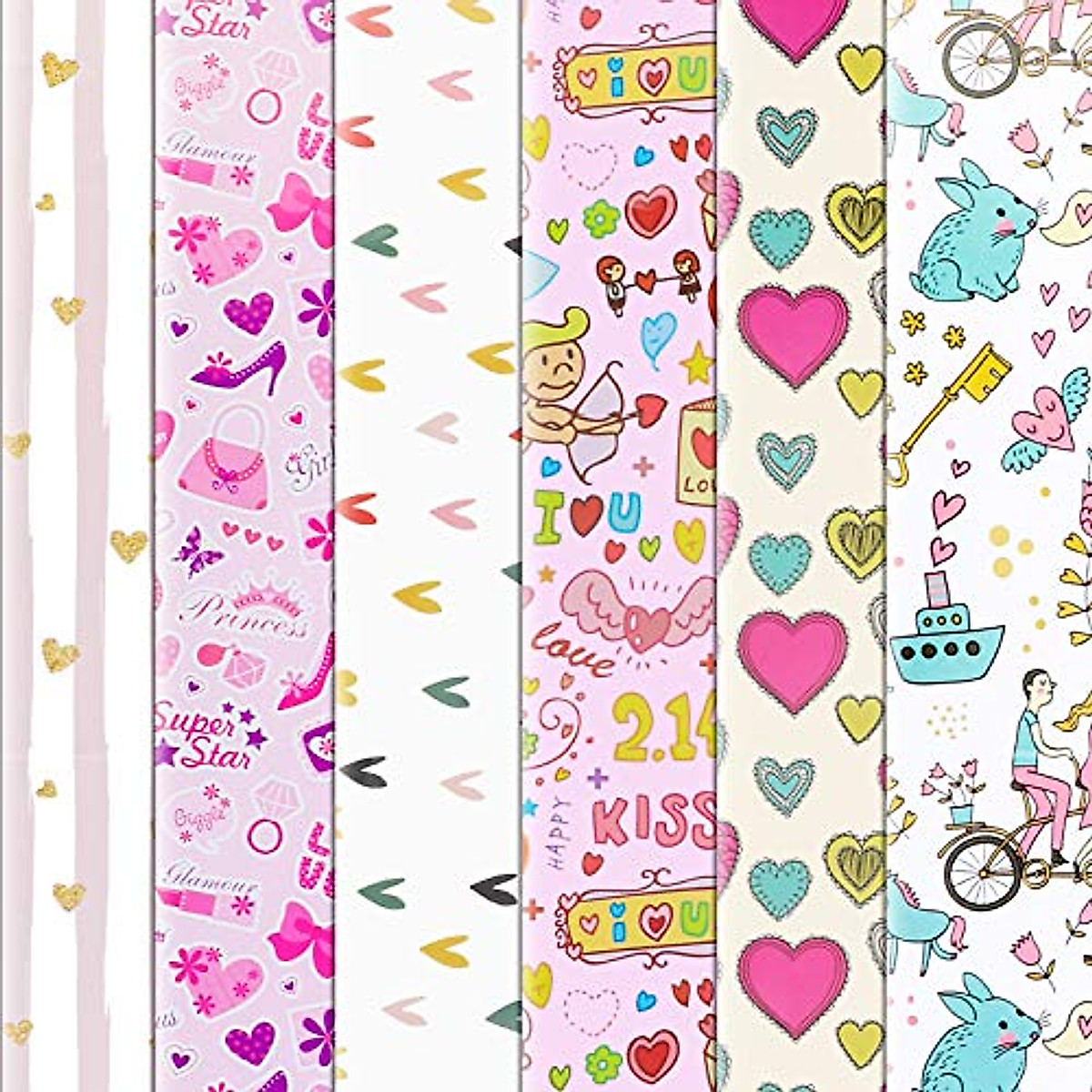 Konsait 6 Sheets Folded Large Sheets of Valentine's Day Wrapping Paper Traditional Gift Wrap, 70 x 50cm, Festive Designs Bulk, Valentine's Day Color Hearts Rose Wedding Birthday Holiday Gifts Decor