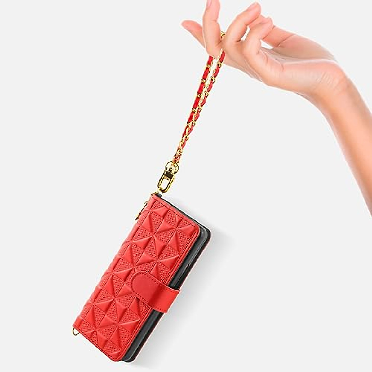 Qoosan Genuine Leather Designed for Samsung Galaxy Z Fold 5 Wallet Case (2023) Hinge Protection 360 Cover Flip Phone Case with Card Holder Strap, Red