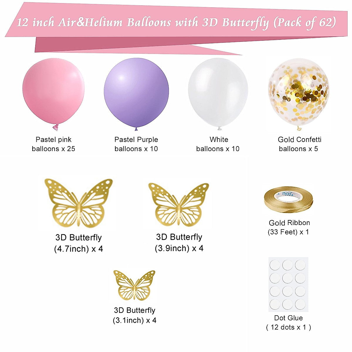 Pink Purple White Latex Balloons with Gold 3D Butterfly, 62pcs 12 Inch Light Pink Purple Gold Confetti Party Balloons with Ribbon for Girl Birthday Baby Shower Decorations (Gold series)