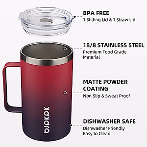 BJPKPK Insulated Coffee Mug with 2 Lids, 25oz Stainless Steel Insulated Tumbler with Handle, Double Wall Vacuum Coffee Cup, BPA Free Leak Proof Thermos for Travel & Home, Charming Red & Blue