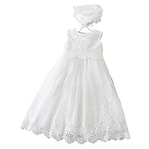 DINGDONG'S CLOSET Baby Toddler Girls Christening Baptism Embroidered Dress with Bonnet 2Pieces Grown Outfit(18Months) Ivory