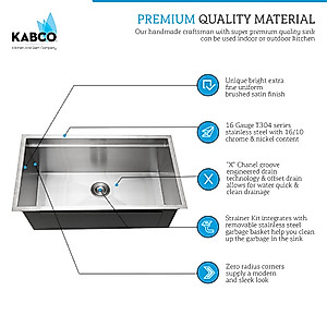 KABCO ZR-LEDGE 32 Inch Station Single Bowl 16 Gauge Stainless Steel Kitchen Sink Work Station Undermount Package 32 inch Wide 10 inch deep 304SS K-SS0RLE32-PKG