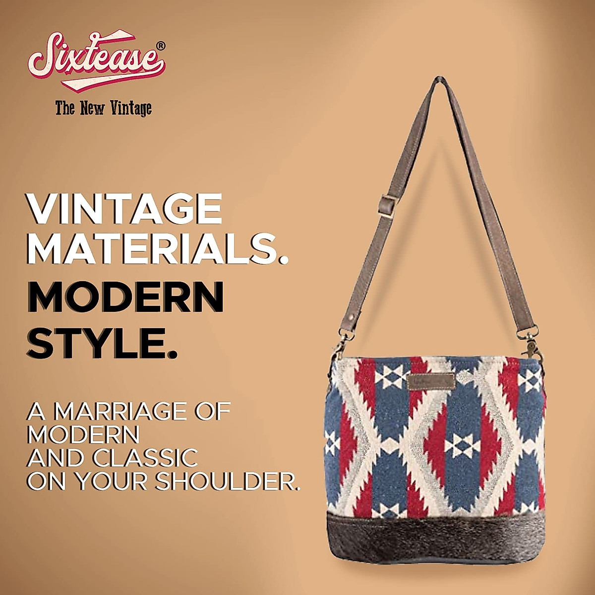 SIXTEASE Womens Shoulder Bag Vintage Style Shoulder Bags for Women - Made with Genuine Leather, Upcycled Canvas, or Hair On - Handmade, Adjustable Strap, Brass and Zinc Hardware - Primrose