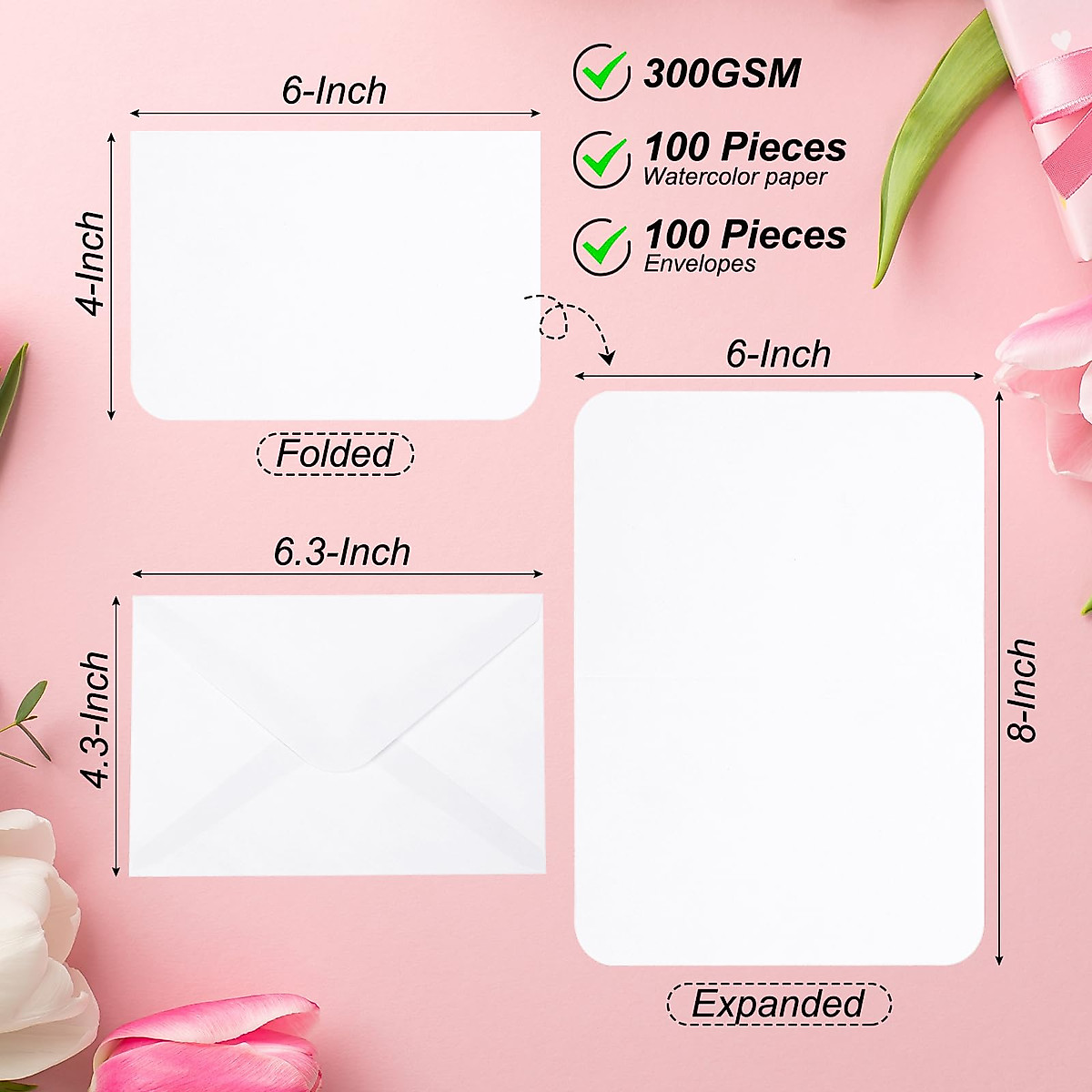 PATIKIL 100 Sets Pure Cotton Watercolor Cards 140lb/300 GSM Postcards with Envelopes for Art Painting Creative Thank Notes, 4x6 Inch Foldable Size