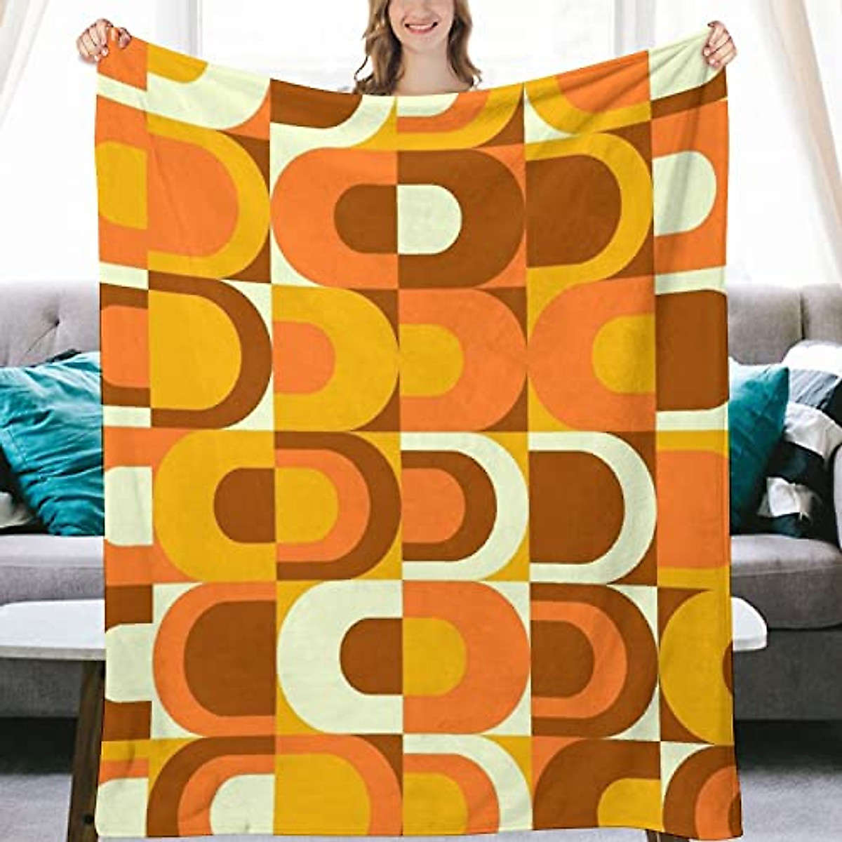 70S Pattern Retro Orange and Brown Tones Flannel Fleece Throw Blankets 50"X40" Lightweight Fluffy Winter Fall Blanket Cozy Soft Fuzzy Plush Home Decor for Couch Bed Sofa Bedroom Living Room Travel