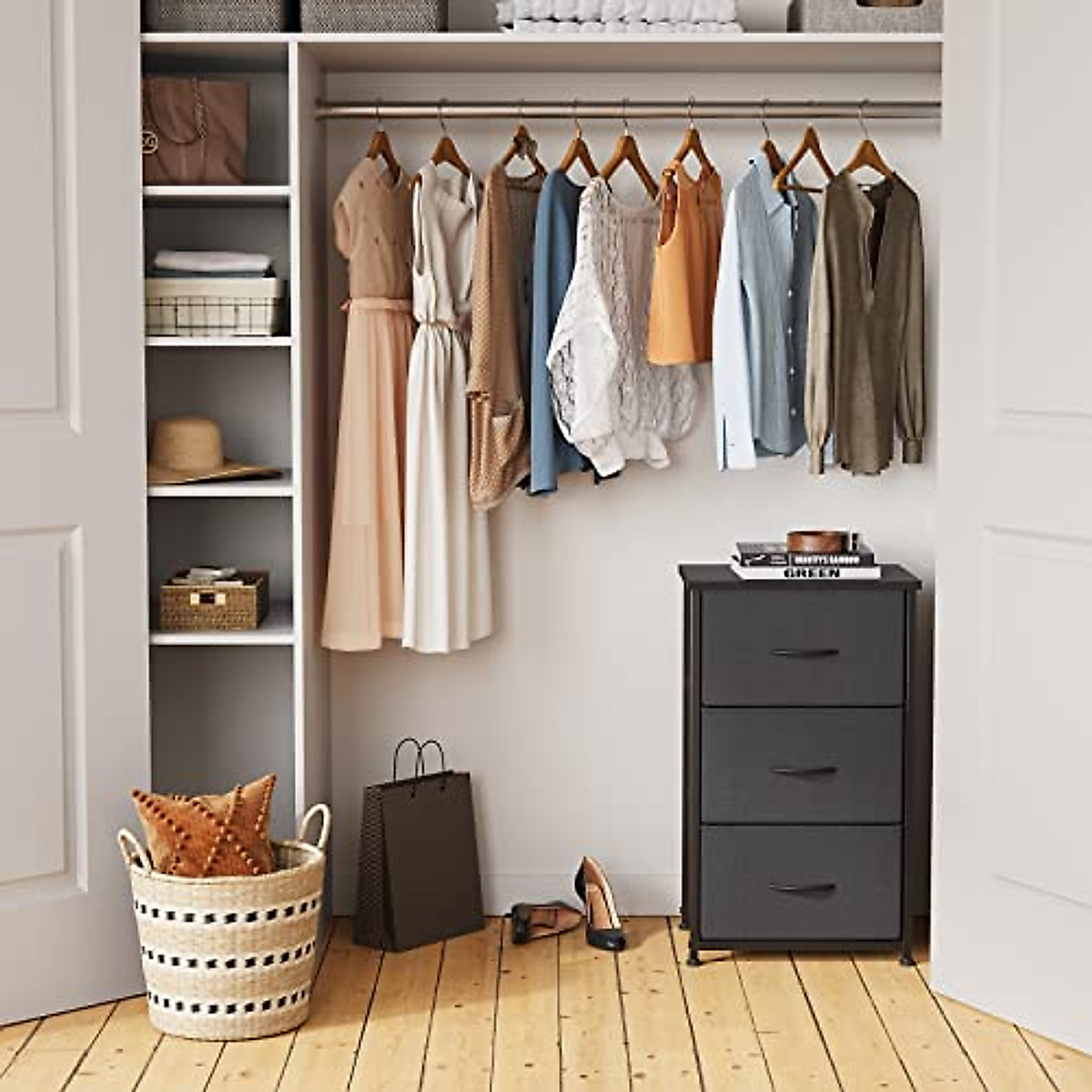 CubiCubi Dresser Nightstand for Bedroom with 3 Drawers, Small Storage Tower Organizer Unit for Closet, Office, Living Room, Hallway, Entryway, Fabric Drawers, Wood Board, Black Grey