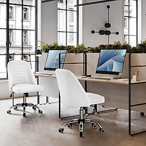 Yaheetech PU Leather Armless Office Chair, Mid Back Desk Chair, Computer Task Chair, Modern Vanity Chair with Rolling Wheels, Metal Base White